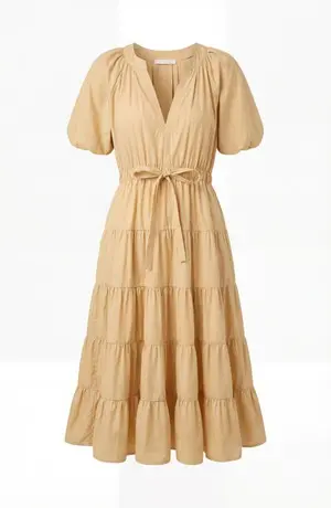 MODENAIRE Tiered Puff Sleeve Midi Dress