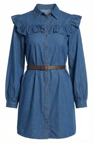 MODENAIRE Denim Ruffled Collar Shirt Dress