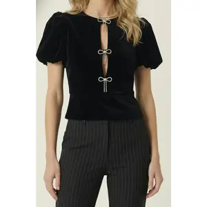 MODENAIRE Velvet Puff Sleeve Keyhole Top - Black
