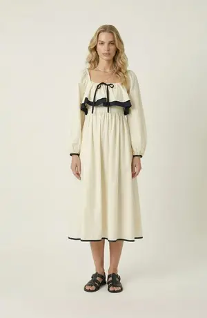 MODENAIRE Long Sleeve Ruffle Trim Midi Dress - Ivory
