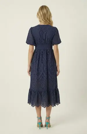 MODENAIRE Eyelet Smocked Midi Dress