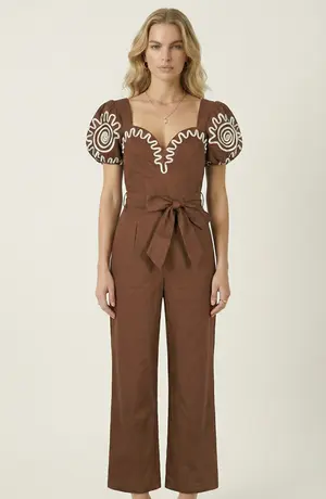 MODENAIRE Embroidered Puff Sleeve Jumpsuit - Chocolate Brown