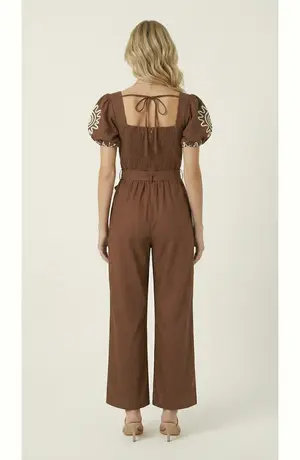 MODENAIRE Embroidered Puff Sleeve Jumpsuit