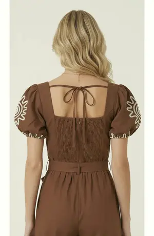 MODENAIRE Embroidered Puff Sleeve Jumpsuit