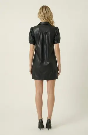 MODENAIRE Faux Leather Puff Sleeve Shirt Dress