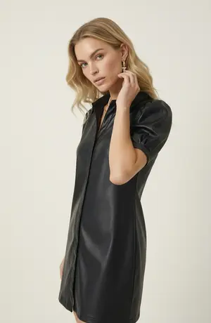 MODENAIRE Faux Leather Puff Sleeve Shirt Dress