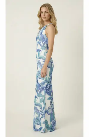 MODENAIRE Botanical Print Halter Neck Maxi Dress