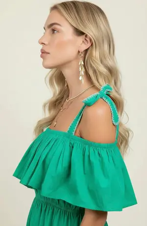 MODENAIRE Off-shoulder Ruffle Smocked Midi Dress