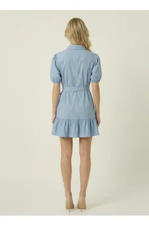 MODENAIRE Belted Button-up Mini Dress - Light Blue