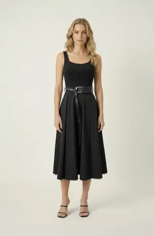 MODENAIRE Belted Scoop Neck Midi Dress - Black