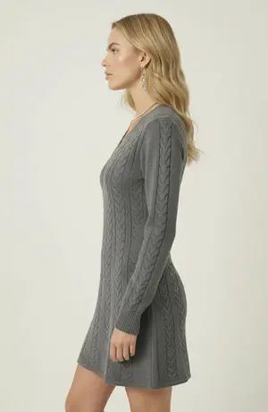 MODENAIRE Cable Knit V-neck Sweater Dress