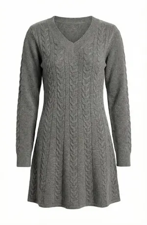 MODENAIRE Cable Knit V-neck Sweater Dress