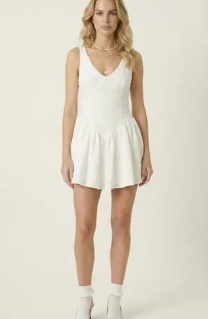 MODENAIRE Textured Sleeveless Drop Waist Mini Dress - White