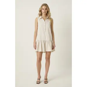 MODENAIRE Sleeveless Collared Drop Waist Dress - Light Beige