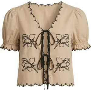MODENAIRE Puff Sleeve Embroidered Tie-front Blouse - Beige
