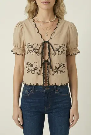 MODENAIRE Puff Sleeve Embroidered Tie-front Blouse - Beige