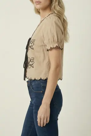MODENAIRE Puff Sleeve Embroidered Tie-front Blouse - Beige