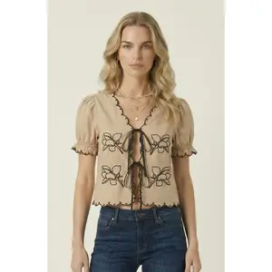 MODENAIRE Puff Sleeve Embroidered Tie-front Blouse - Beige