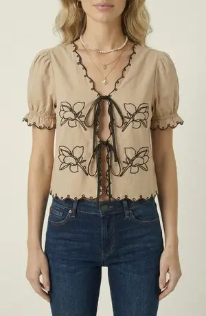 MODENAIRE Puff Sleeve Embroidered Tie-front Blouse - Beige
