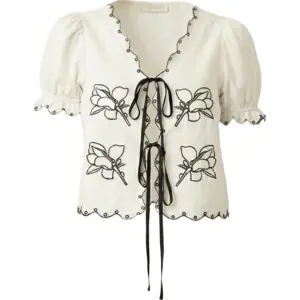 MODENAIRE Puff Sleeve Embroidered Tie-Front Blouse Ivory