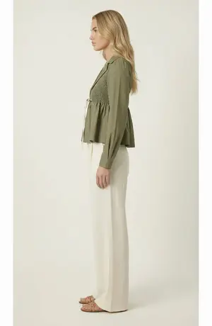 MODENAIRE Smocked Panel Tie Front Blouse