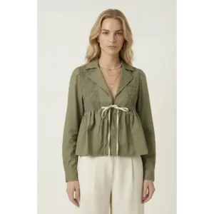 MODENAIRE Smocked Panel Tie Front Blouse - Olive
