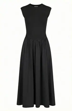 MODENAIRE Cap Sleeve Fitted Gathered Midi Dress - Black