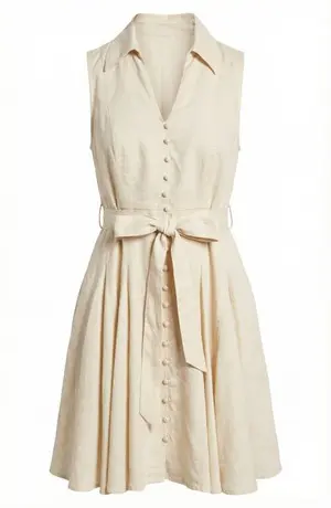 MODENAIRE Sleeveless Fit-and-flare Button-front Dress - Beige