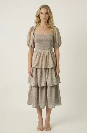 MODENAIRE Smocked Tiered Puff Sleeve Maxi Dress - Beige/terracotta