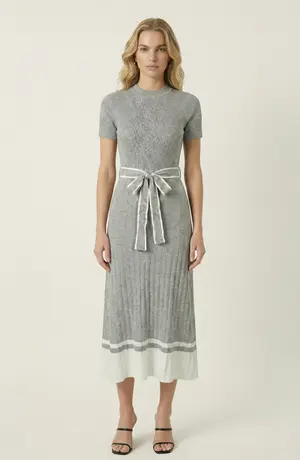 MODENAIRE Ribbed Knit Tie Waist Midi Dress - Heather Grey