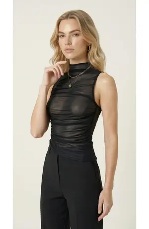 MODENAIRE Ruched Mock Neck Top
