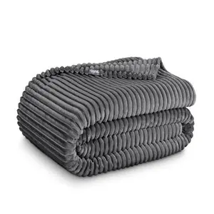 BARE HOME Ribbed Microplush Fleece Blanket Grey