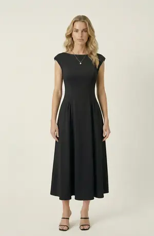 MODENAIRE Open Back Cap Sleeve Midi Dress - Black