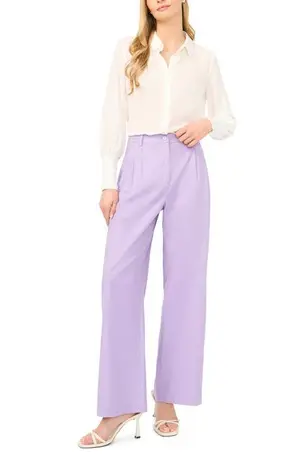 Halogen Pleated High Waist Linen Blend Wide Leg Trousers - Soft Lavender