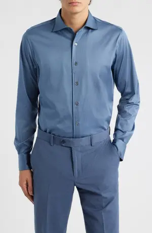 Canali Regular Fit Cotton Jersey Dress Shirt - Blue