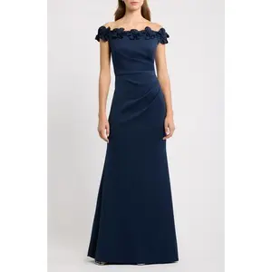 Eliza J 3d Floral Off-the-shoulder Gown - Navy