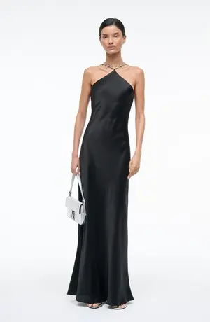 Staud Cadence Shark Tooth Strap Satin Maxi Dress - Black