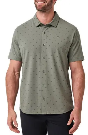 Travis Mathew Comfortknit Geo Short Sleeve Button-up Shirt - Dark Olive