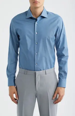 Zanella Bassano Tailored Fit Solid Stretch Cotton Twill Dress Shirt - Blue