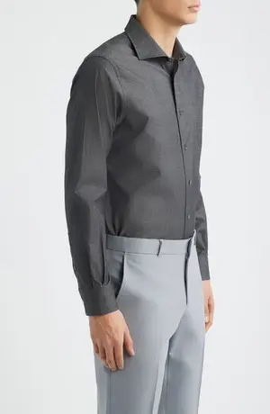 Zanella Bassano Tailored Fit Solid Stretch Cotton Twill Dress Shirt - Charcoal