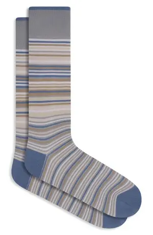 Bugatchi Stripe Mercerized Cotton Blend Dress Socks - Stone