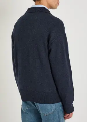 BOSS Open Collar Wool Jumper - Navy