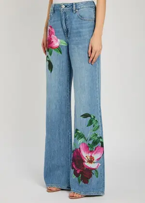 Alice + Olivia Floral-print Straight-leg Jeans - Blue