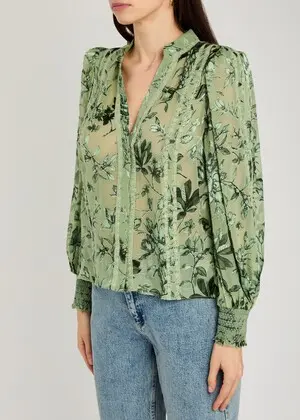 Alice + Olivia Arlette Devoré Chiffon Blouse - Green