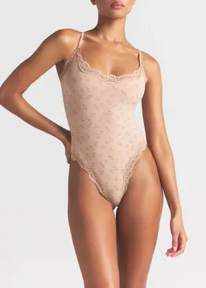 SKIMS Printed Lace-trim Stretch-jersey Bodysuit