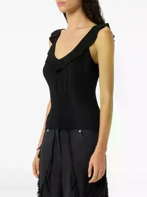 Blumarine Ribbed Knit V-neck Tank Top With Ruffled Trim - Black