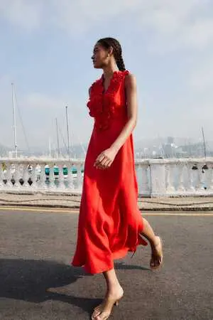 Farm Rio 3d Flower Euroflax Maxi Dress - Red