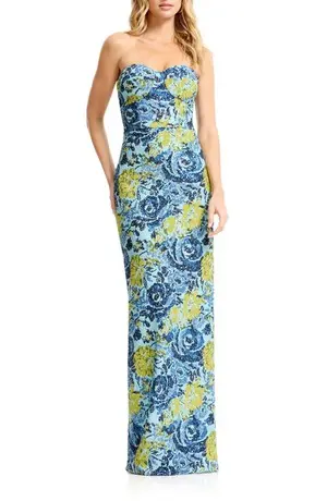 Dress The Population Beaded Floral Strapless Gown - Sky Multi