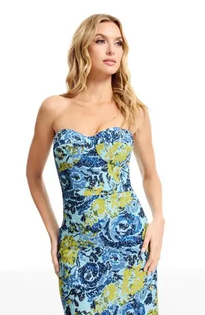 Dress The Population Beaded Floral Strapless Gown - Sky Multi