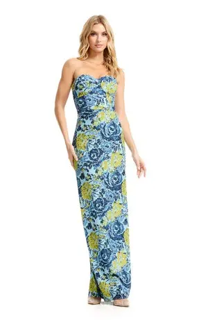 Dress The Population Beaded Floral Strapless Gown - Sky Multi